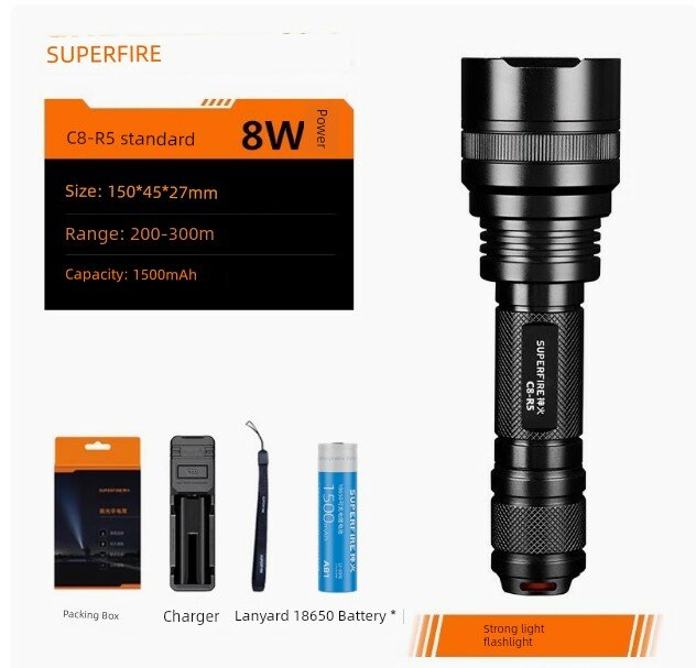 Supfire C8-R5 8W перезаряжаемый фонарь с зарядным устройством, компактное наружное освещение для дома
