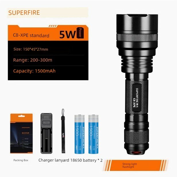 Supfire C8XPE 5W перезаряжаемый фонарь с 2 комплектами и зарядным устройством, компактное наружное освещение