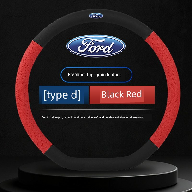 Накладка на рулевое колесо Ford из натуральной кожи - черно-красная, D-форма, дышащая для моделей Escape, Focus, Edge