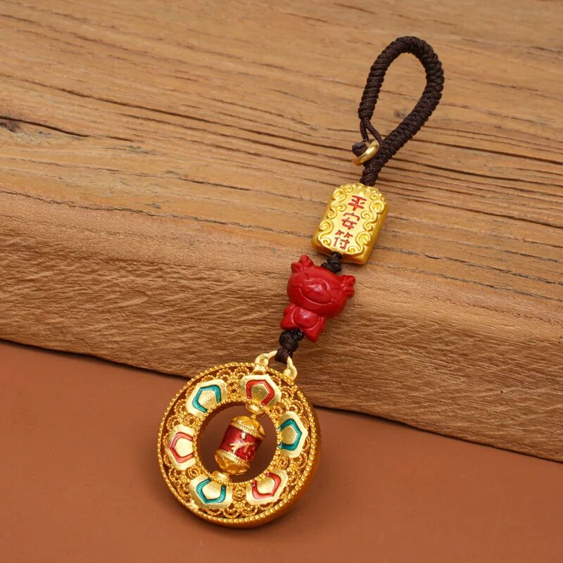 Позолоченный медный брелок для ключей с подвеской-талисманом из киновари в виде знака зодиака, эмалированный