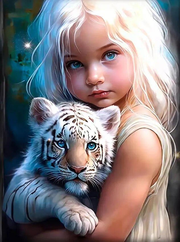 Алмазная Мозаика "Девочка И Белый Тигр" 40x50 См Алмазная Вышивка / Картина Стразами Подарков / Украшения