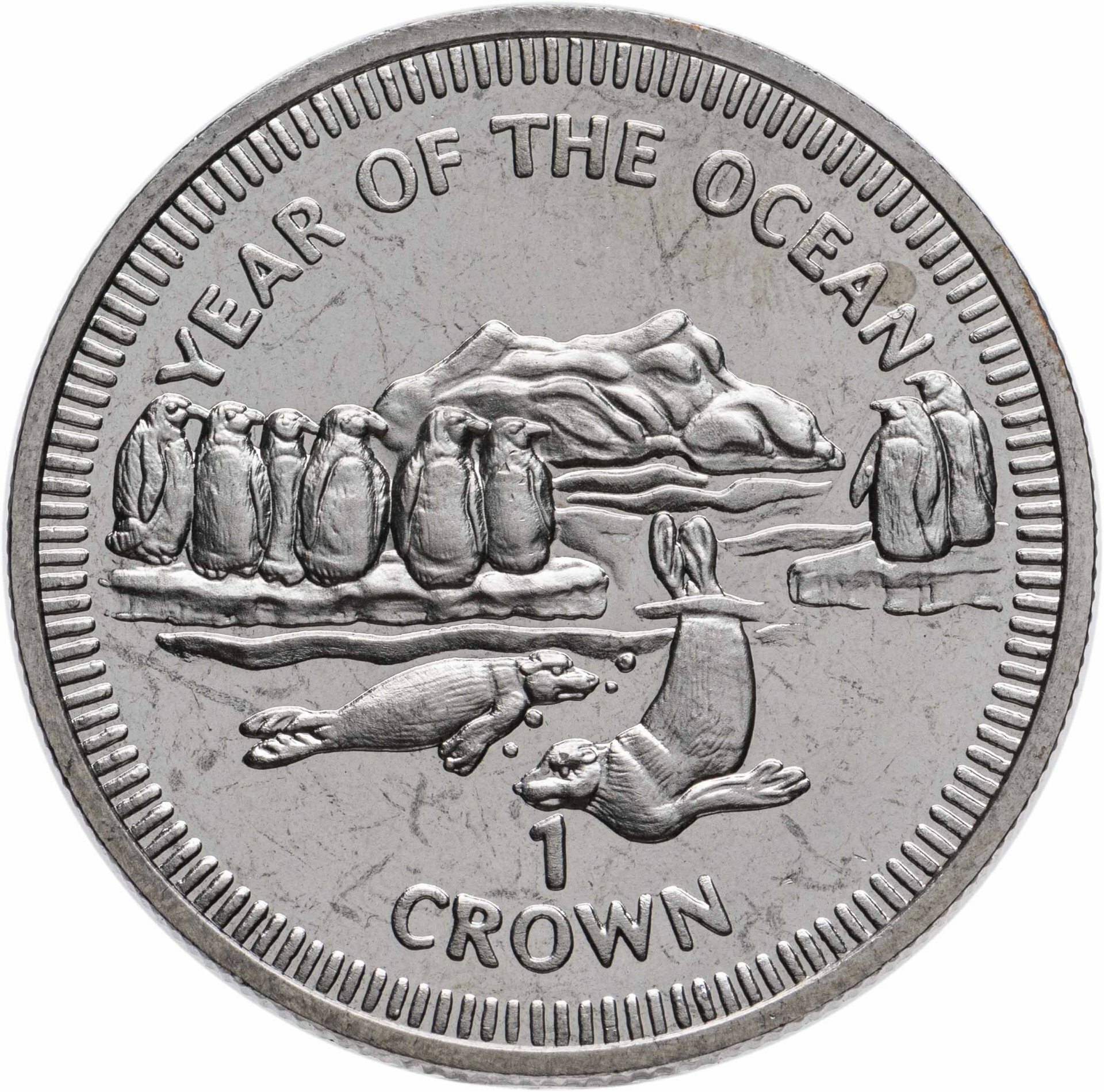 Остров Мэн 1 крона crown 1998 "Год океанов - пингвины и морские котики", Мельхиор медь-никель, в сохранности BUNC