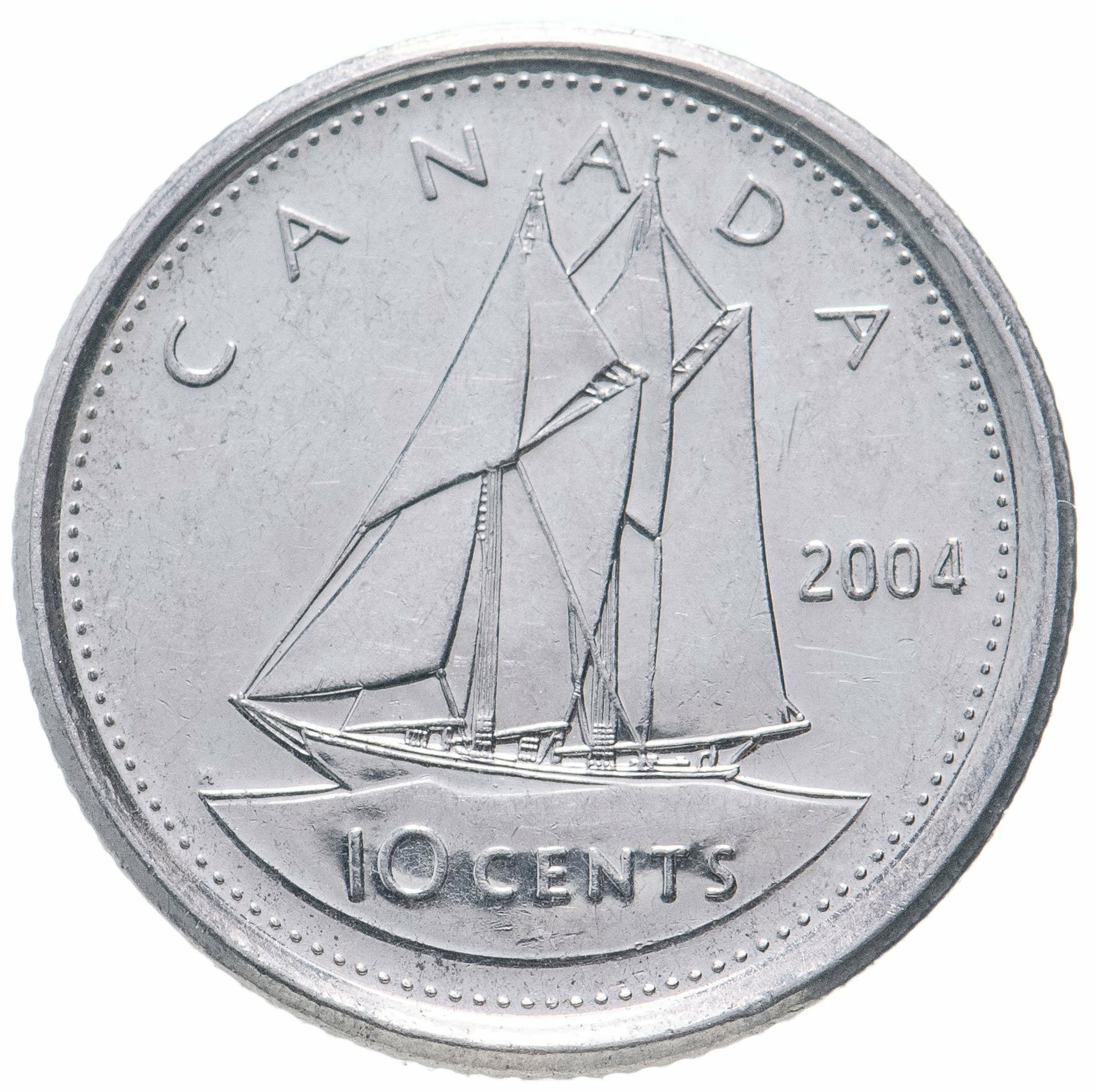 Канада 10 центов cents 2004 P, пожилая королева, знак монетного двора: "P" - Оттава, Сталь, в сохранности XF-AU