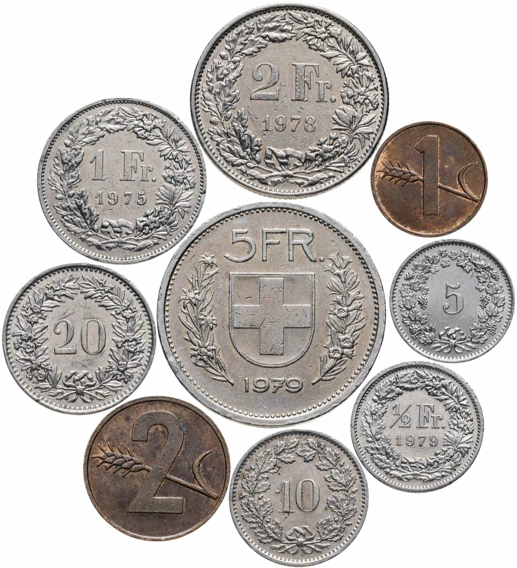 Швейцария набор монет 1974-1979 9 шт, Бронза, Мельхиор, в сохранности VF-XF