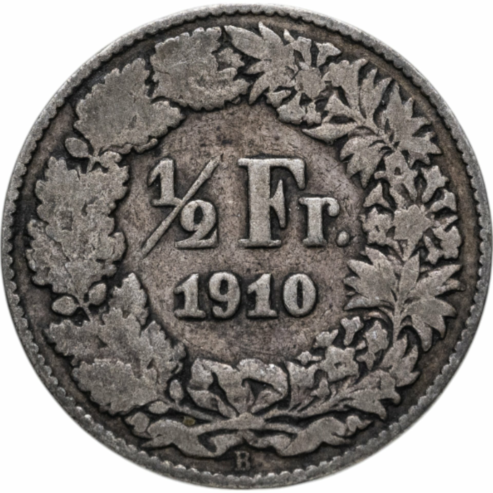 Швейцария 1/2 франка franc 1910, Серебро 835, в сохранности VF