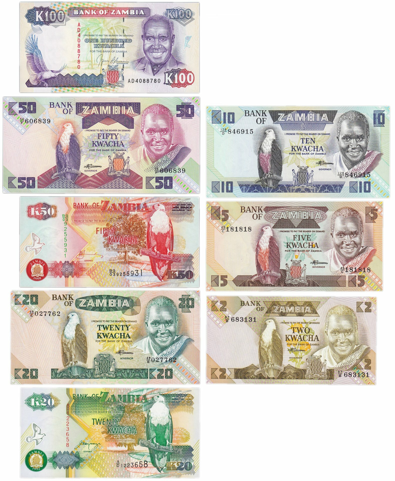 Замбия набор из 8 банкнот 2, 5, 10, 20, 50, 100 квача 1992-2008