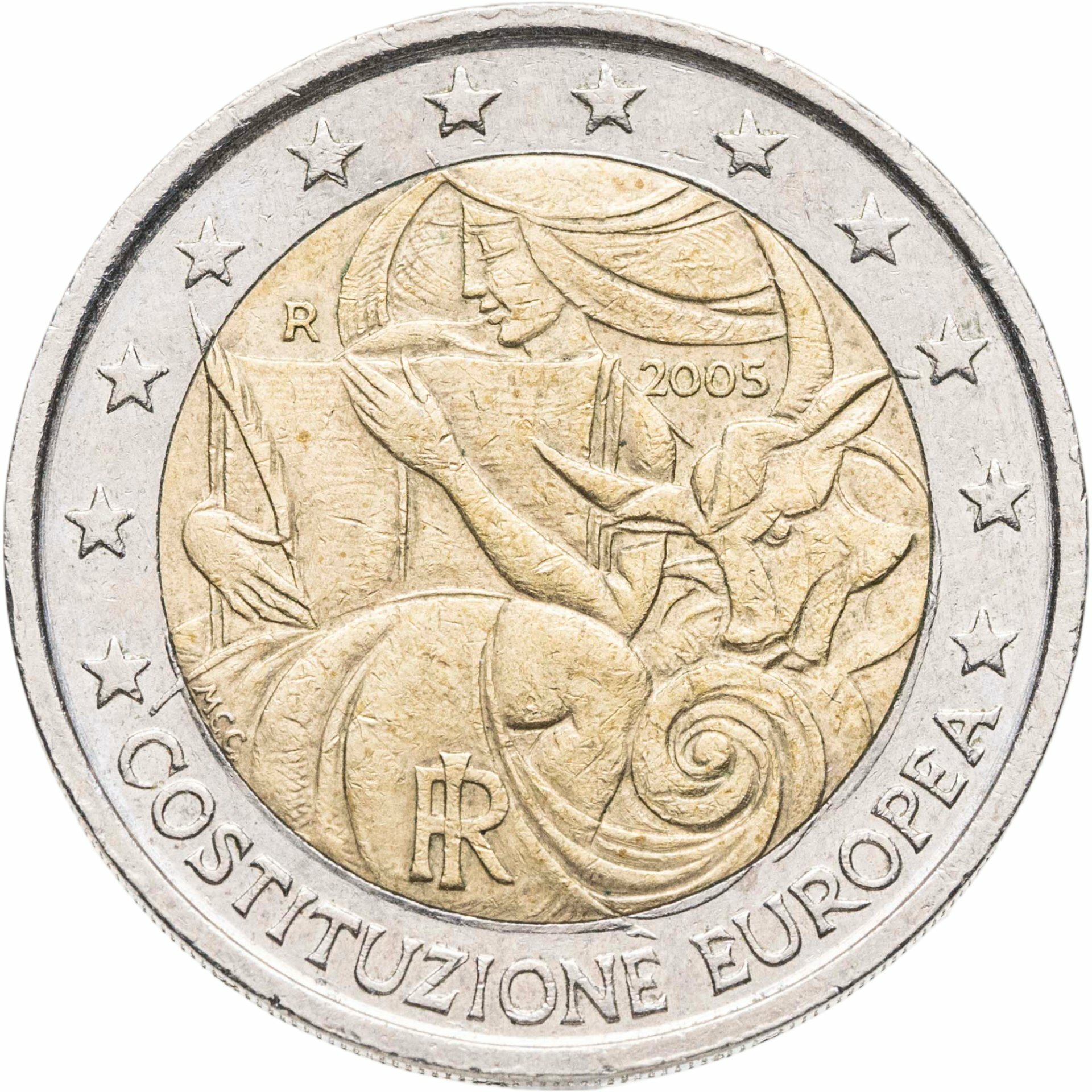 Италия 2 евро 2005 "1 год с момента подписания европейской Конституции", Биметалл, в сохранности XF