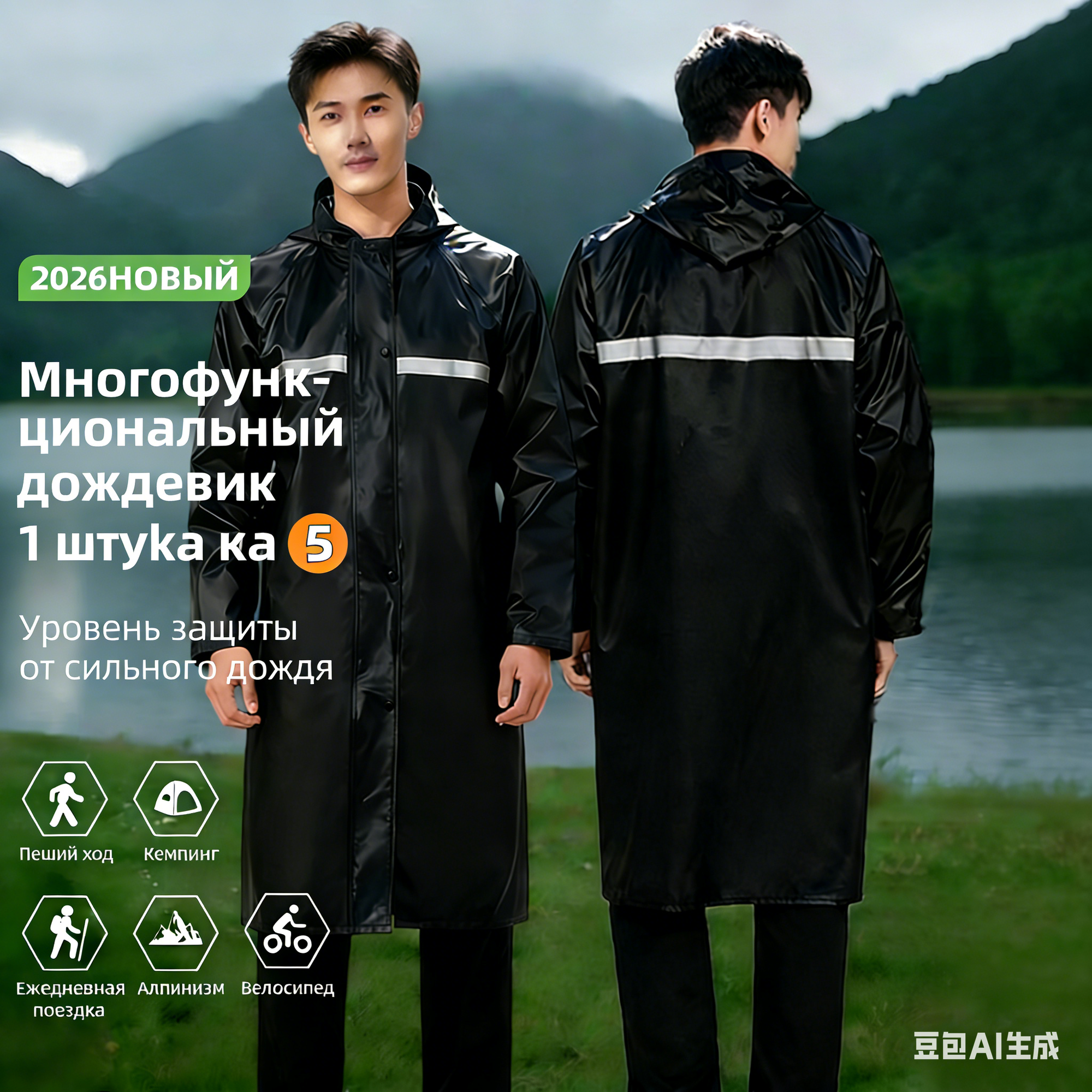 Непромокаемый плащ с предупреждающей светоотражающей полосой, двойными противотуманными полями, унисекс