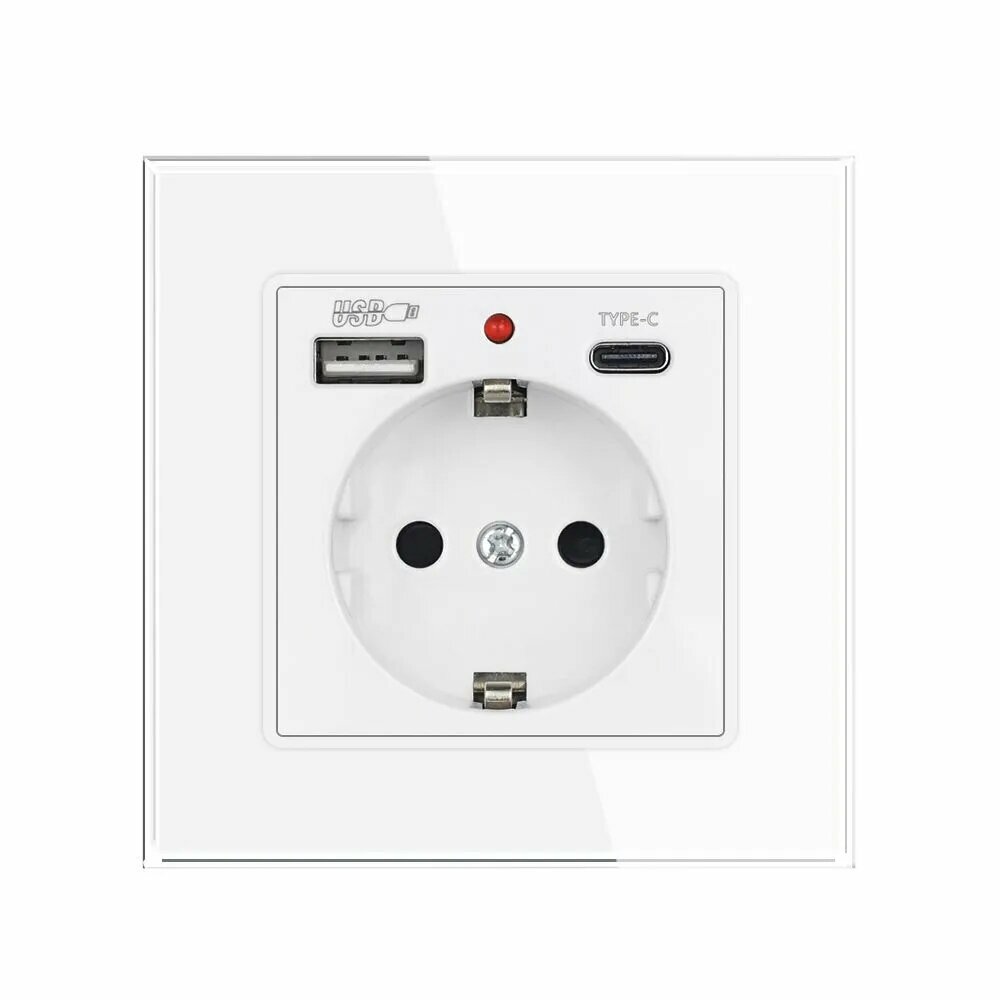 Розетка электрическая одинарная с USB и type-C входами, в стандартный подрозетник, рамка закаленное стекло Белая
