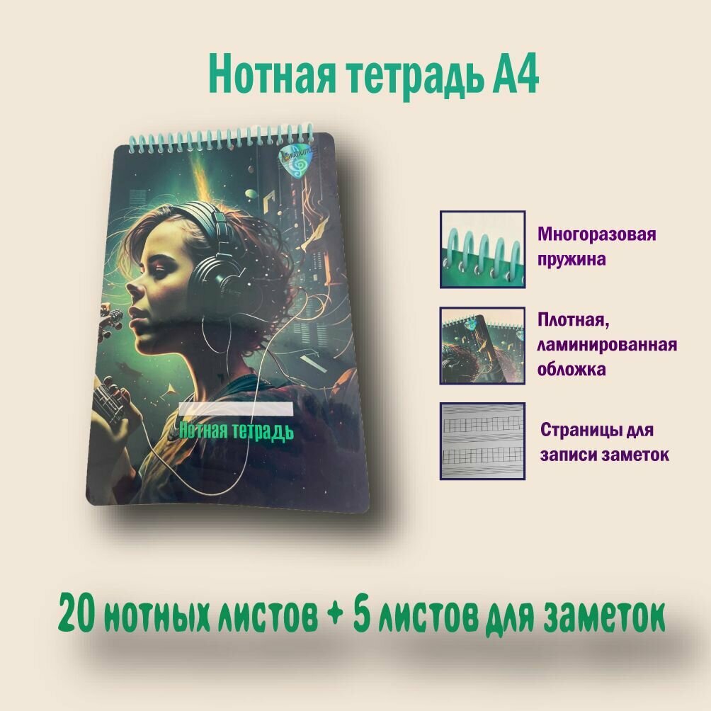 Нотная тетрадь Лататита, A4, твердая обложка, 20/5 листов, для заметок