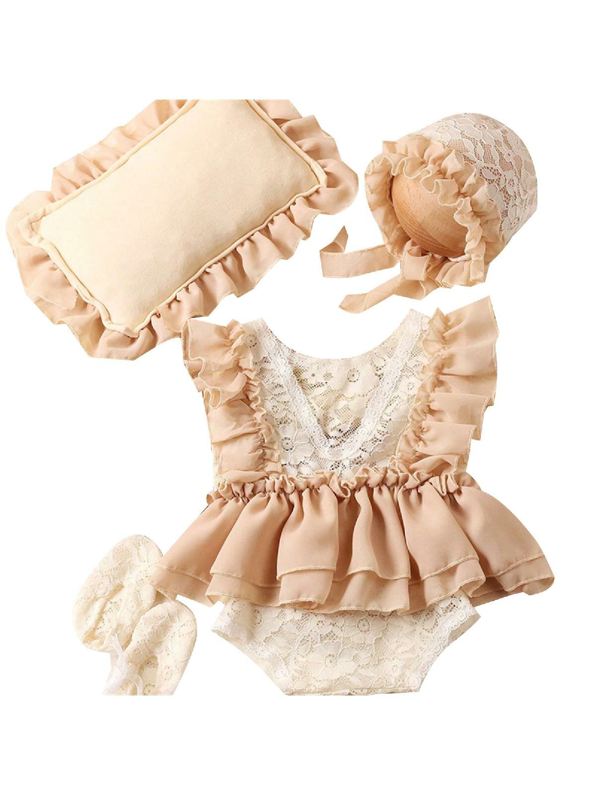 Наряды для фотосессии новорожденных девочек, кружевной комбинезон, шляпа, подушка, комплект обуви для фотосъемки
