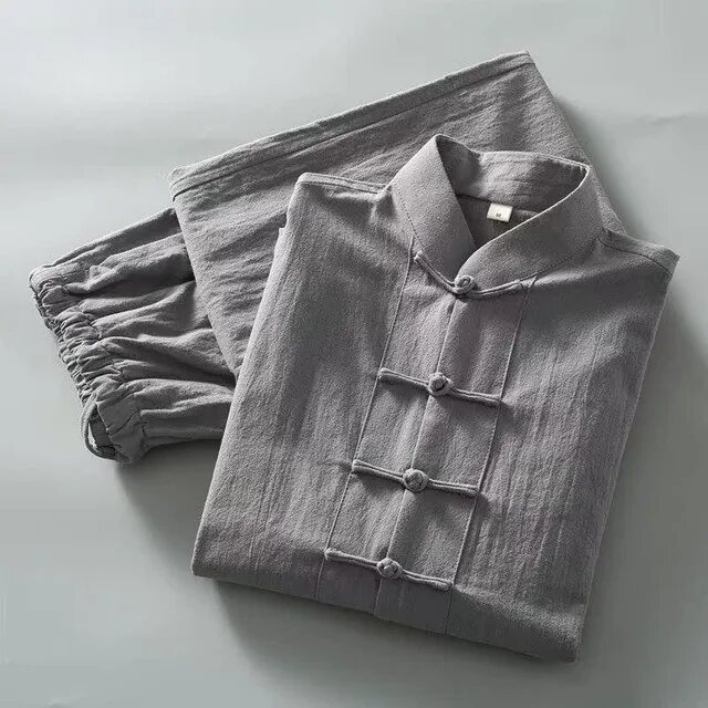 Мужской традиционный китайский костюм Тан UHYTGF хлопковый Серый, XXXL 67.5-75kg, 2pcs dark gay set