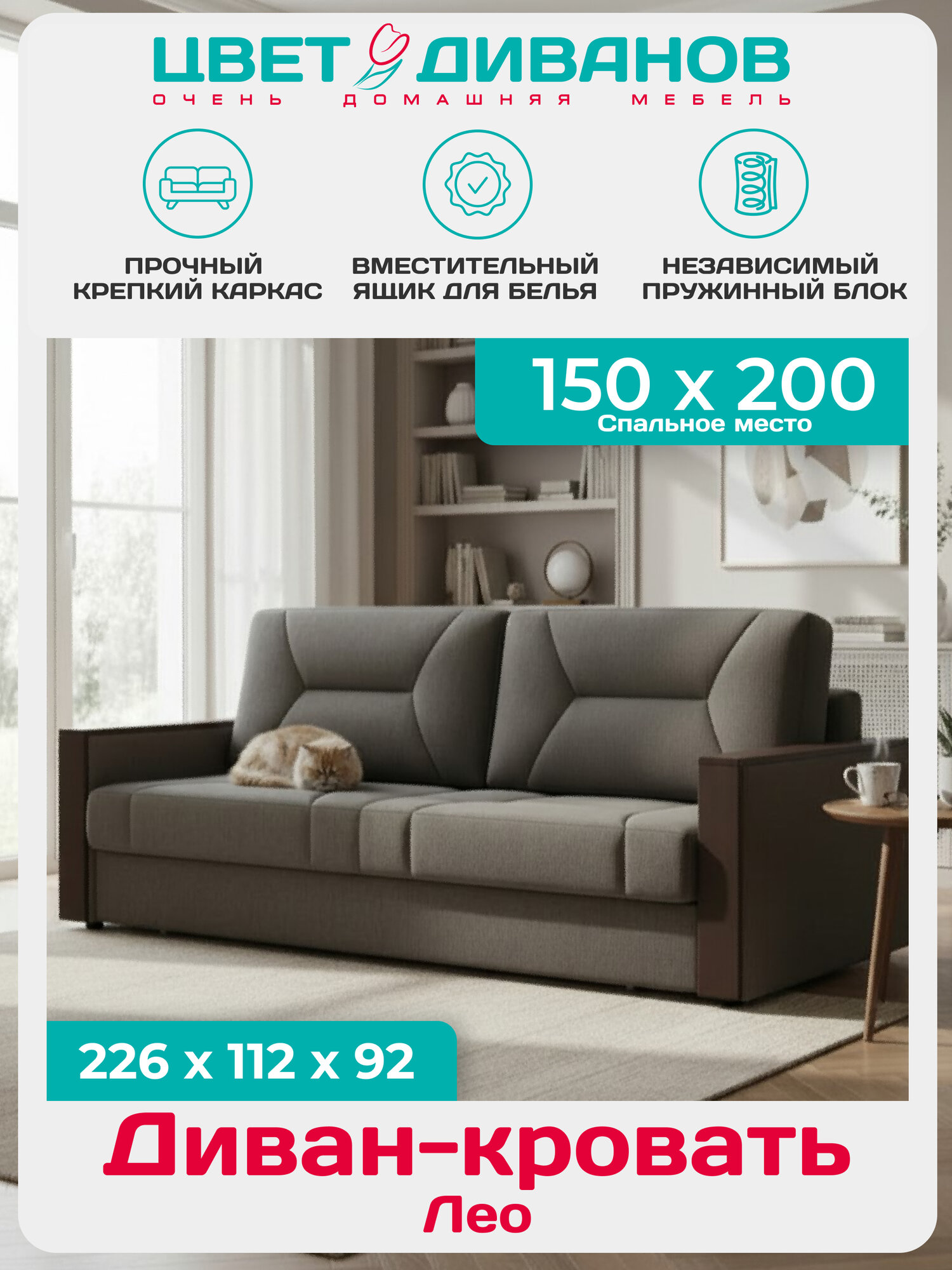 Раскладной диван-кровать прямой двуспальный в гостиную, еврокнижка Лео с ортопедическим матрасом, Цвет Диванов