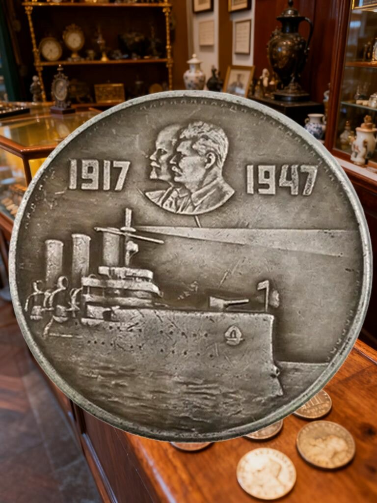 Это памятная монета Октябрьской революции в России. На монете обозначены два года: 1917-1947 - 30-я годовщина Октябрьской революции.