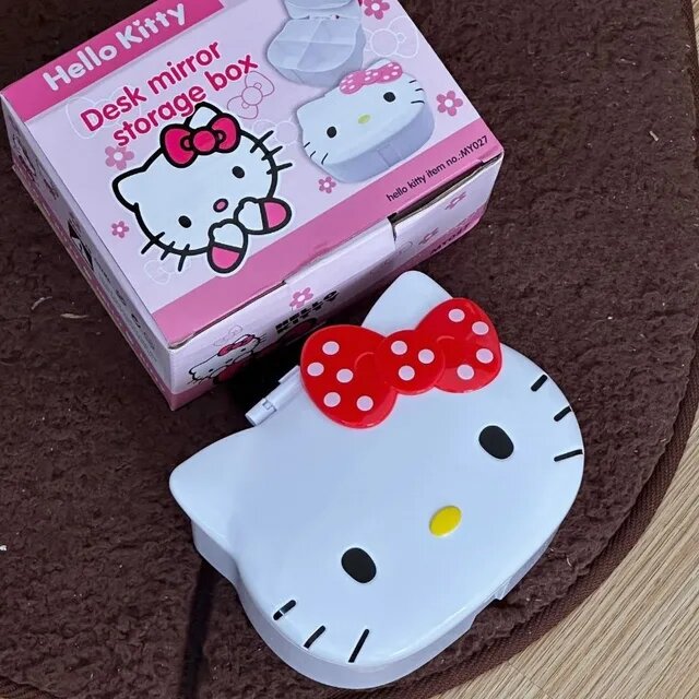 Коробка для хранения зеркал Hello Kitty, милая настольная коробка для хранения с мультяшным персонажем Sanrio, пластиковая коробка для хранения украшений и косметики.