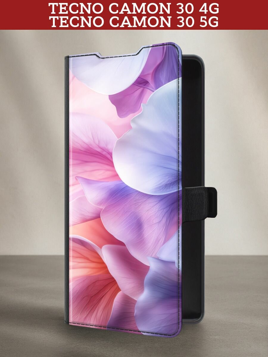 Чехол-книжка на Tecno Camon 30 4G/Tecno Camon 30 5G / Текно Камон 30 4G/Камон 30 5G с принтом Щелковые лепестки, черный