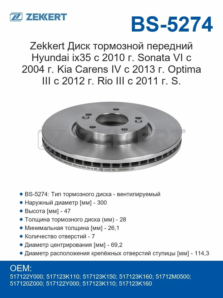 Zekkert Диск тормозной передний Hyundai ix35 с 2010 г. Sonata VI с 2004 г. Kia Carens IV с 2013 г. Optima III с 2012 г. Rio III с 2011 г. S.