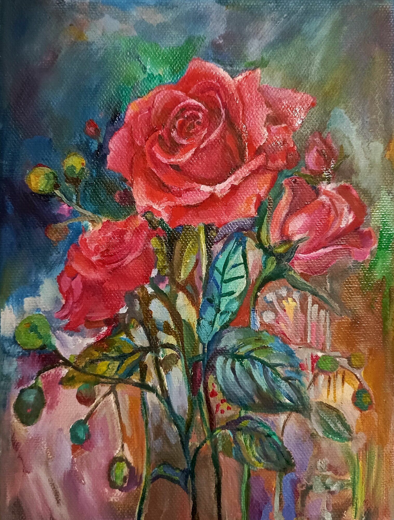 Авторская картина маслом "Красные розы и вечернее небо", ручная работа на холсте, 18x25 см, интерьерная картина