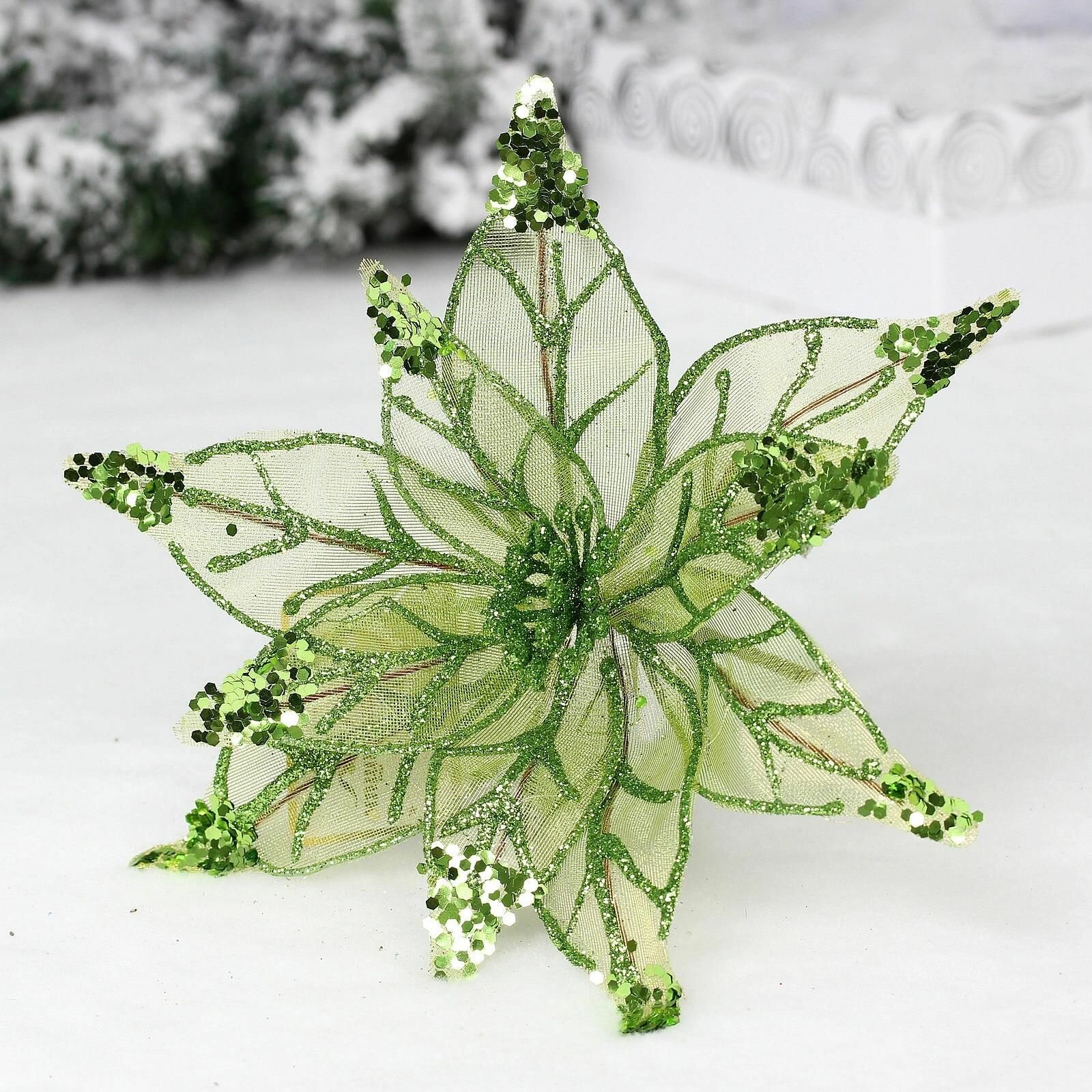 Украшение новогоднее Серпантин Пуансеттия-Искристый цветок, 20 см, изумруд