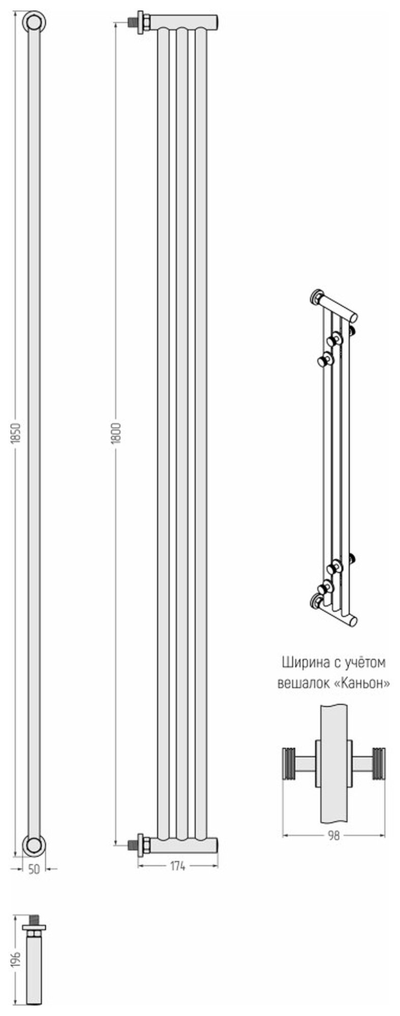 Полотенцесушитель Сунержа Хорда ПП, нержавеющая сталь, 180 см x 19,5 см, матовый черный — фото 1