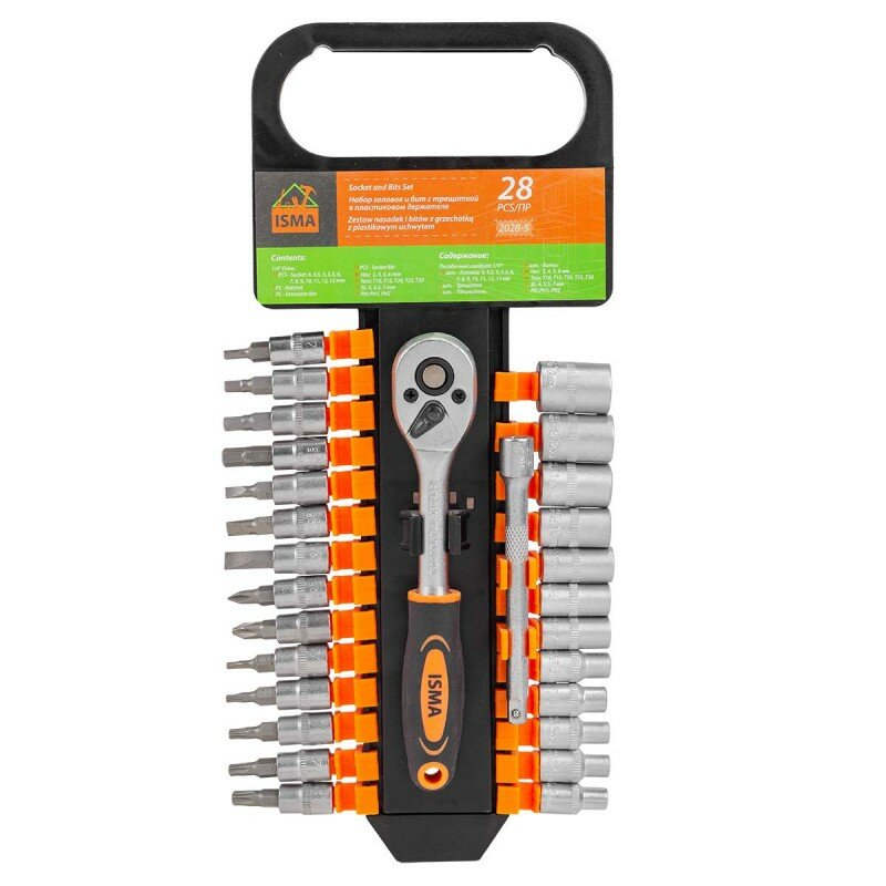 Набор головок и бит с трещоткой 28пр. 1/4'(4-13мм, torx: t10,15,20,25,30, hex:3-6мм, sl:4,5.5,7мм, ph1,2), в пластиковом держателе ISMA-2028-5(51099)