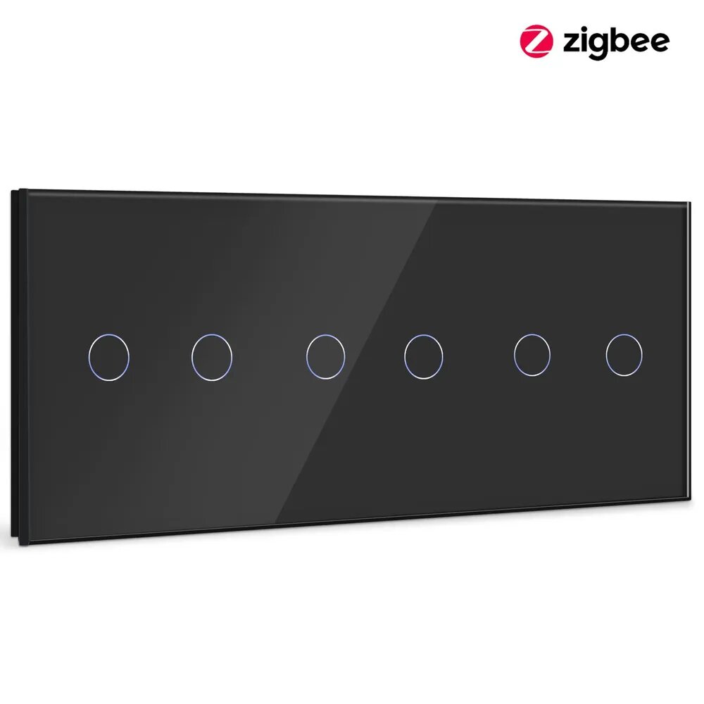 Сенсорный выключатель 6 клавиши, умный Zigbee выключатель, 3 поста (2+2+2) , голосовое управление, панель стекло Черная, 228mm