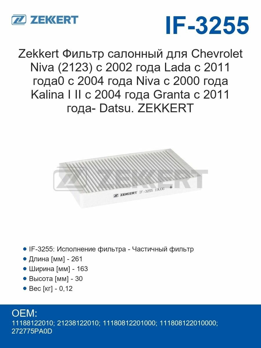 Zekkert Фильтр салонный для Chevrolet Niva (2123) с 2002 года Lada с 2011 года0 с 2004 года Niva с 2000 года Kalina I II с 2004 года Granta с 2011 года- Datsu. ZEKKERT
