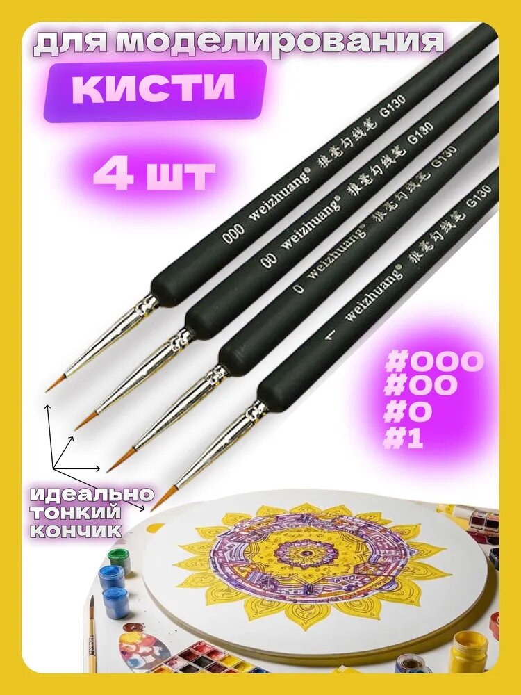 Набор кистей для моделирования миниатюр (000, 00, 0, 1) 4 шт