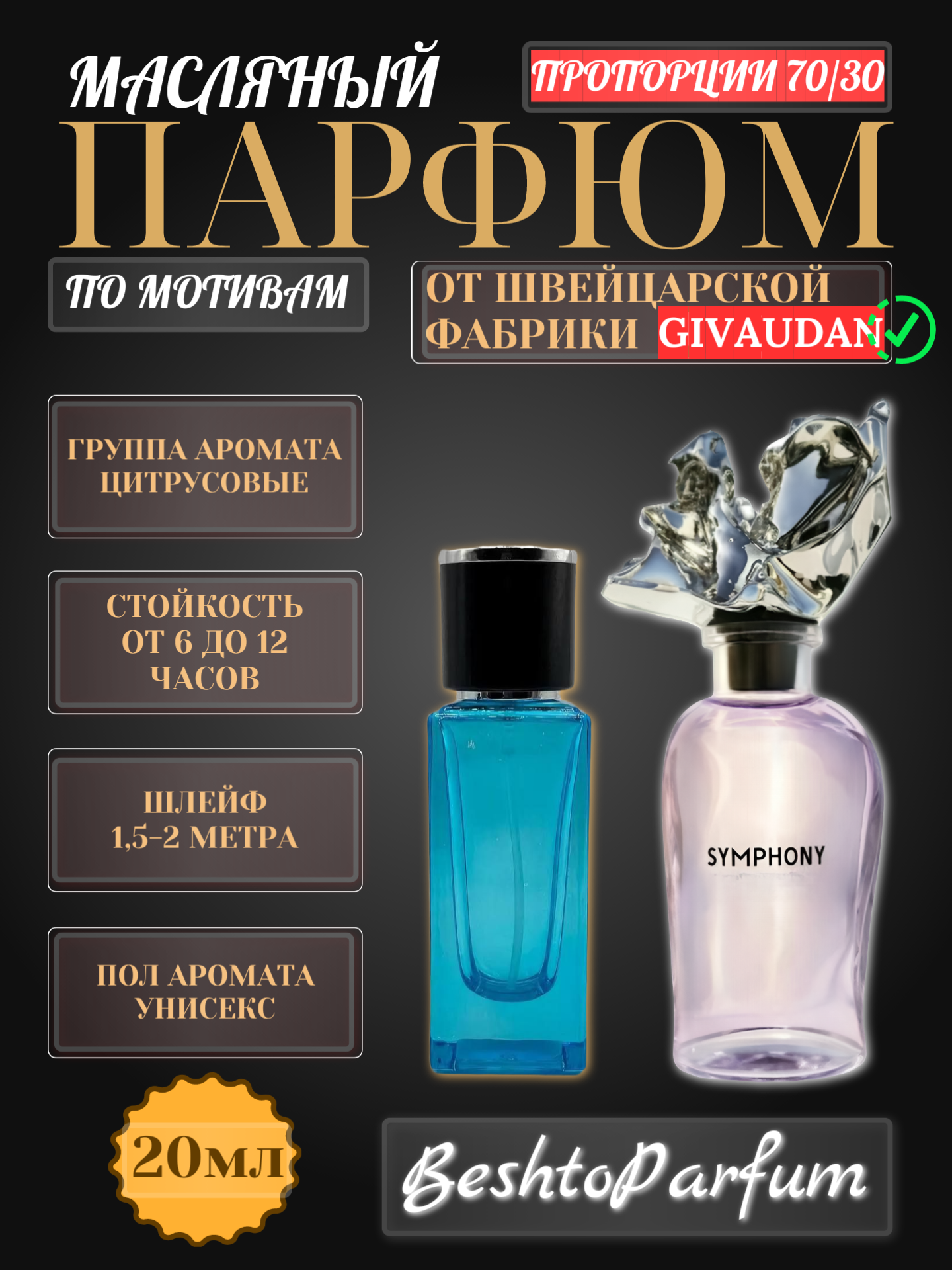 Масляные духи по мотивам Louis Vuitton Symphony — свежий цитрусовый стойкий аромат / 20мл