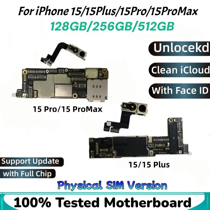 Аутентичная материнская плата для iPhone 15 Pro Max 15 Plus с разблокированной материнской платой Face ID, чистая iCloud, SIM-версия, материнская плата 15 256G Face ID