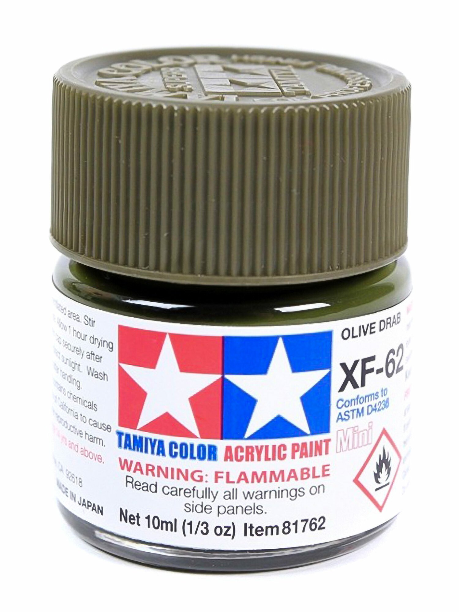 Краска акриловая Tamiya Color XF-62 Olive Drab 81762 оливково-серая матовая, 10 мл