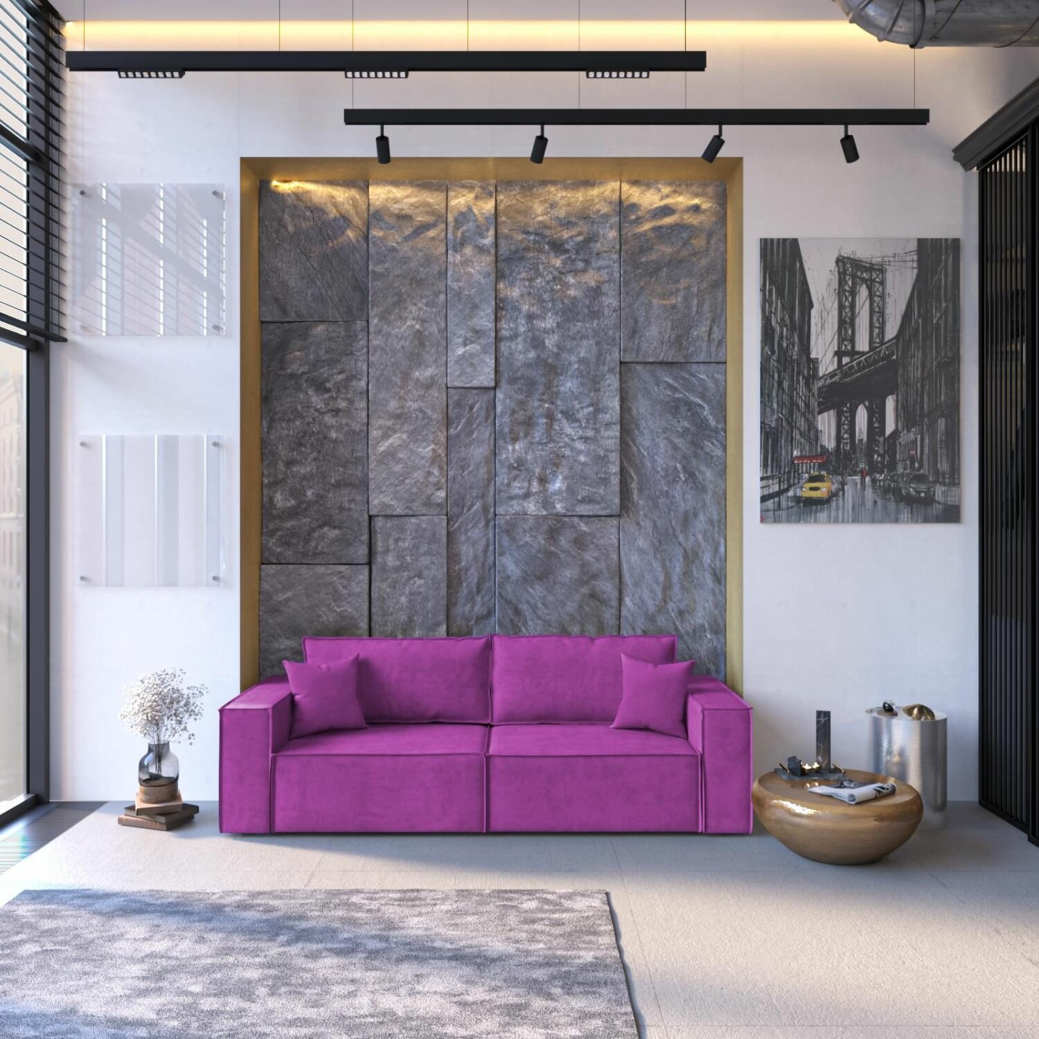 Прямой диван-кровать Manons Maison Hygge, раскладной механизм Еврокнижка, Велюр фиолетовый, 250х100х86 см