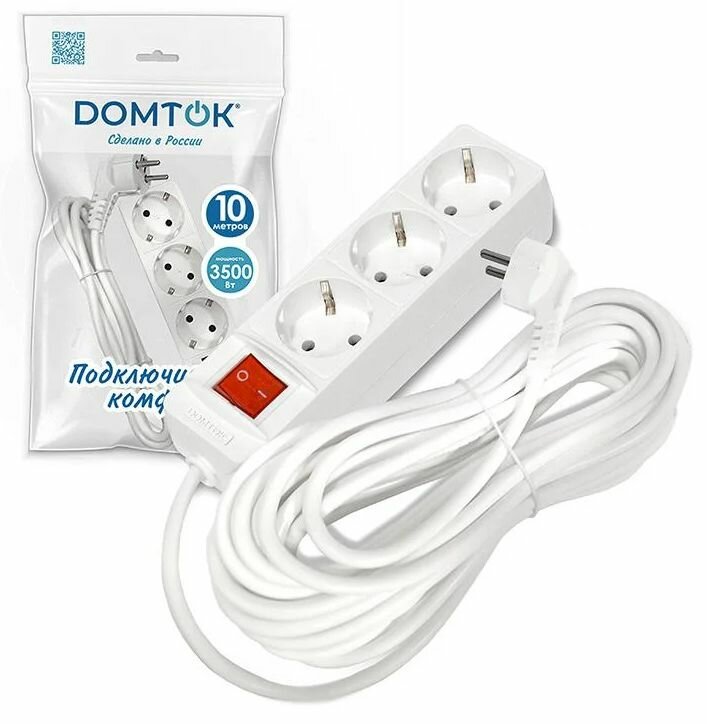 Удлинитель бытовой 3 гнезда 10м с/з, выкл. 3,5кВт, ПВС 3*1, DOMTOK (25)