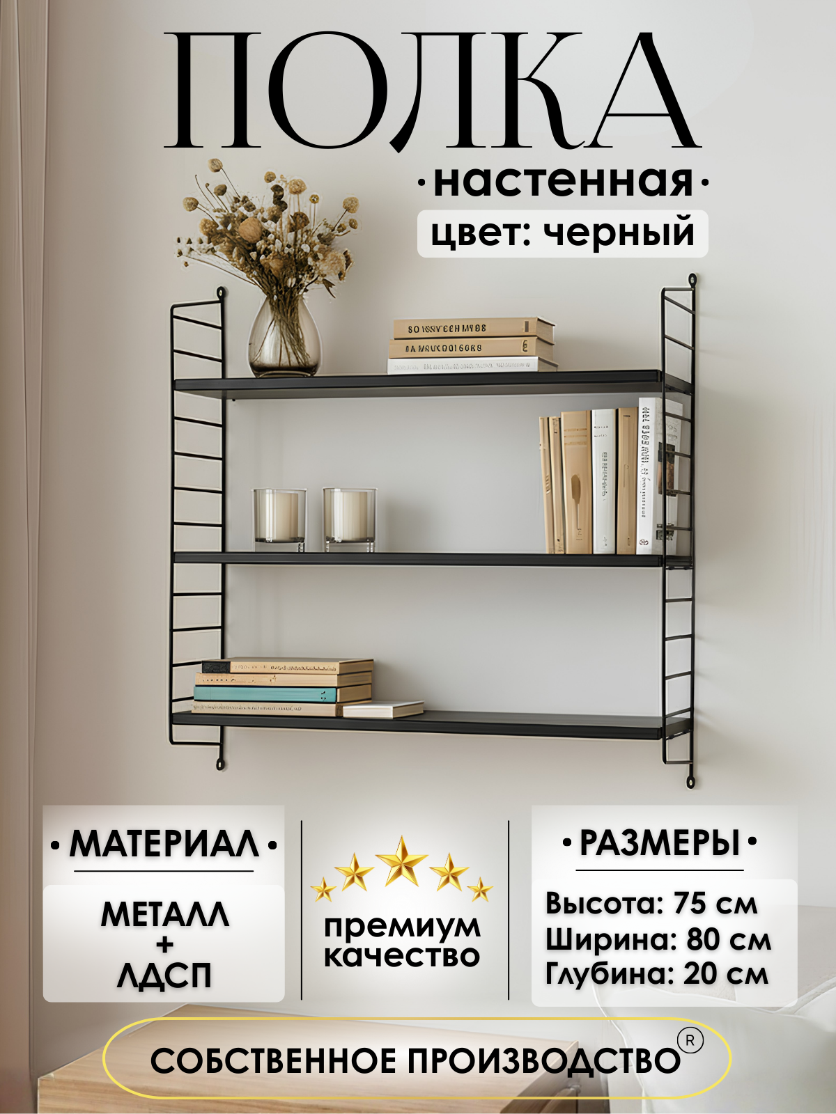 Полка настенная навесная модульная "Scandi Systems" 80х75х20 Черный/Черный