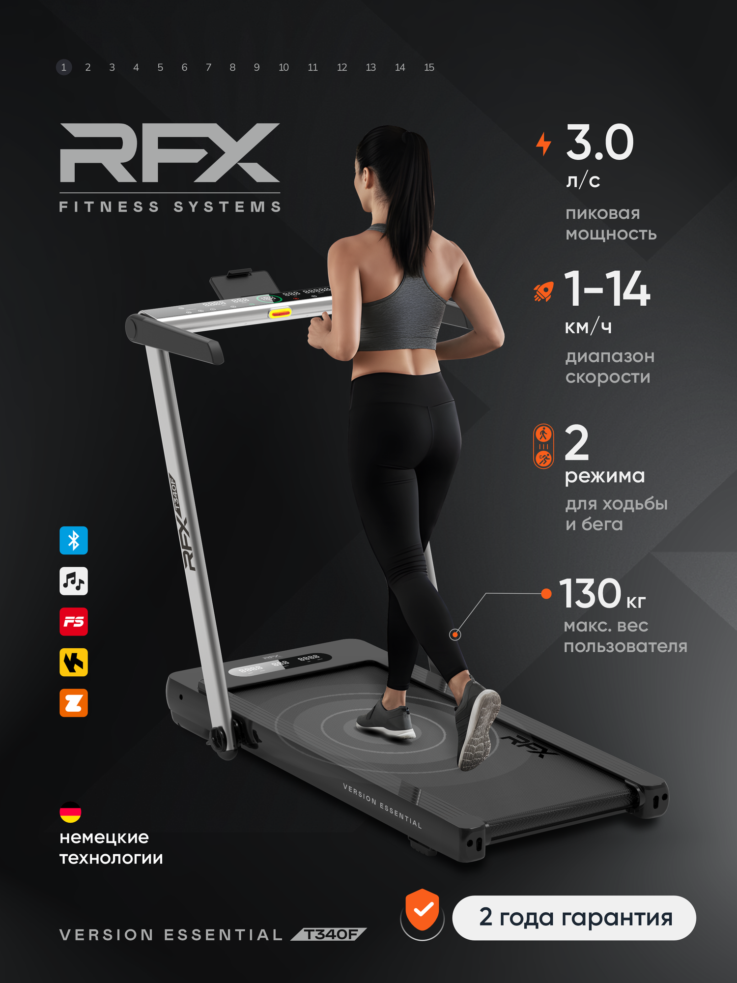 Беговая дорожка RFX T340F, электрическая, складная, для дома, 130кг, 22 программы