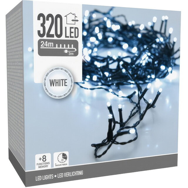 Светодиодная гирлянда Koopman Comfort 24 м, 320 холодных белых LED ламп, зеленый ПВХ, контроллер, таймер, IP44, Koopman (Купман), AX8450150