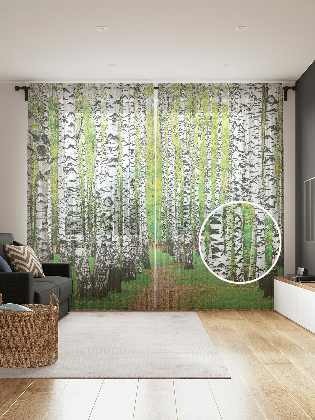 Тюль, фототюль длинный JoyArty "Березовая роща" высота 265 см, ширина 145 см (2 полотна) на шторной ленте, крючки в комплекте