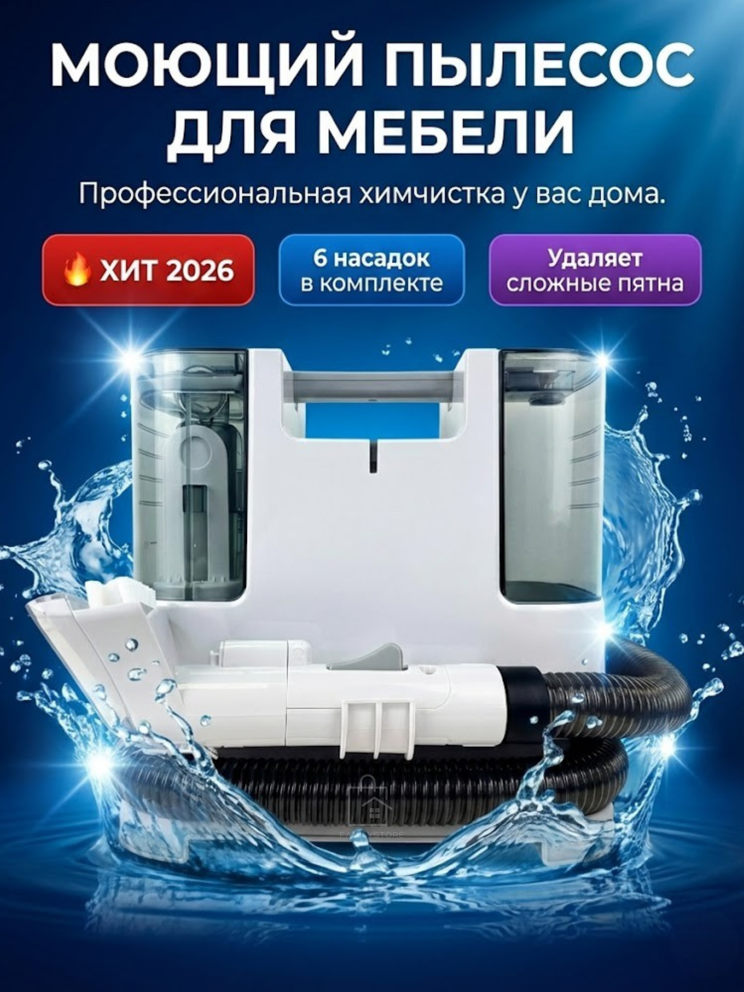 Моющий пылесос для химчистки мебели, ковров, салона авто, мощность 400 Вт