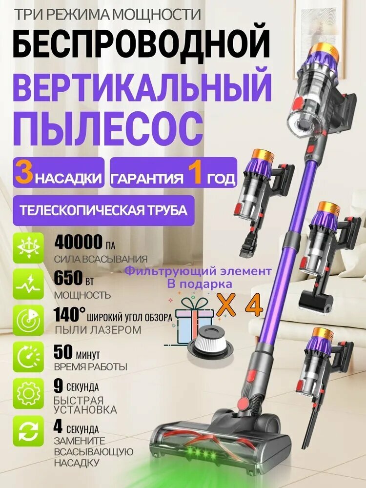 Пылесос вертикальный беспроводной, Идеальный пылесос для дома с тремя режимами мощности, циклонная фильтрация с нера фильтром, Мощность всасывания 650 Вт,4 вида насадок