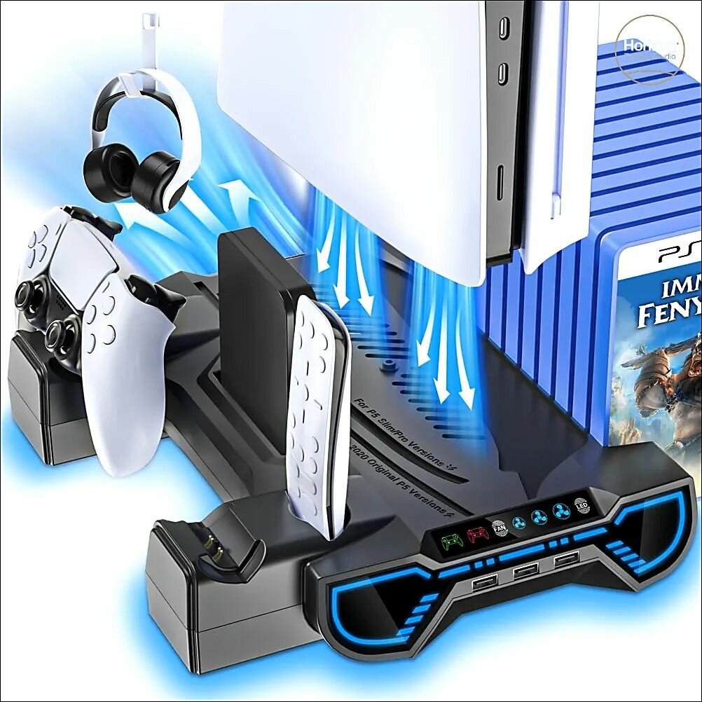 Станция охлаждения и зарядки контроллера PS5/Slim/Pro со светодиодной подставкой для консоли PlayStation 5 - Зарядное устройство для контроллера PS5_черное