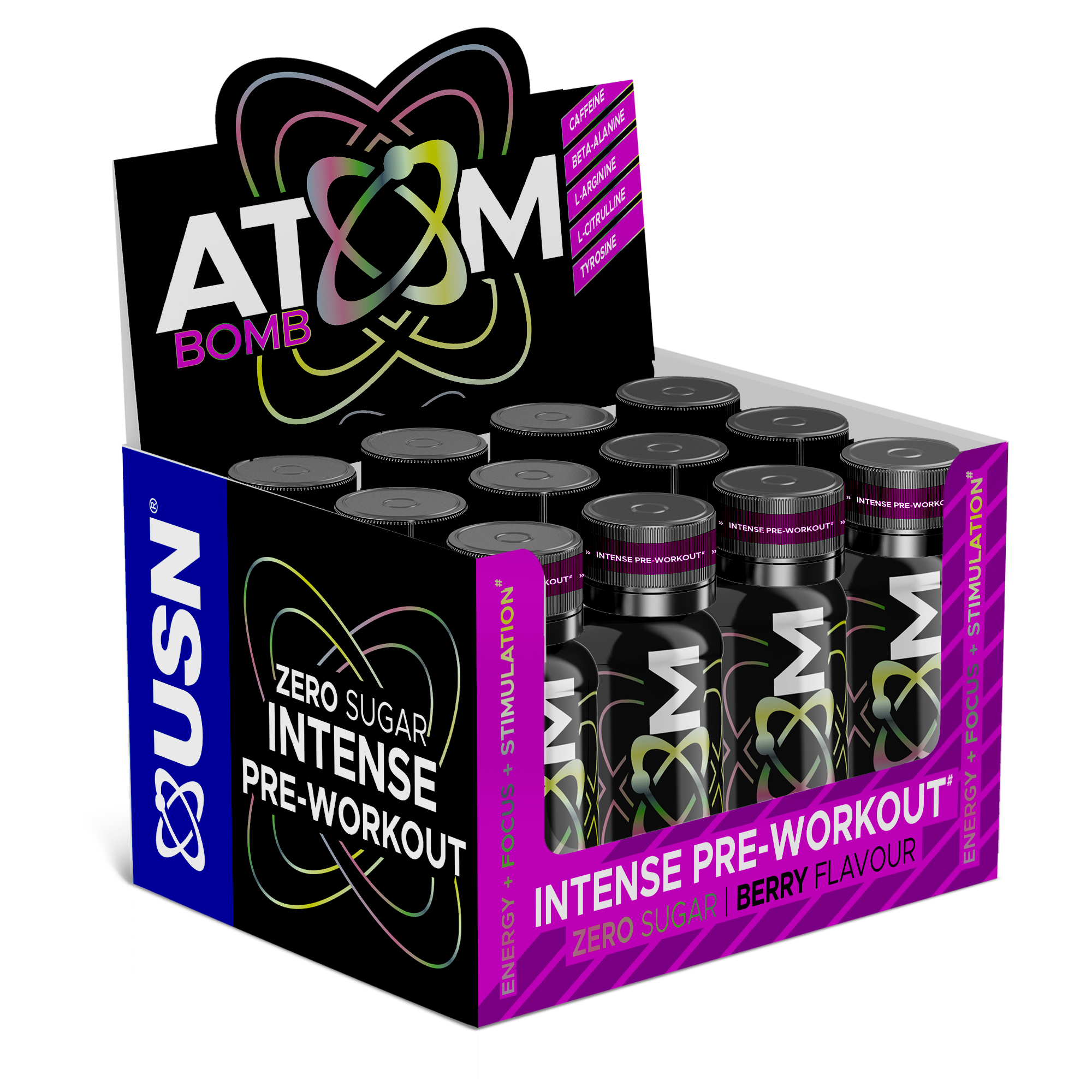 USN Atom Bomb Shot Предтренировочный комплекс 12 шт по 60 мл со вкусом ягод