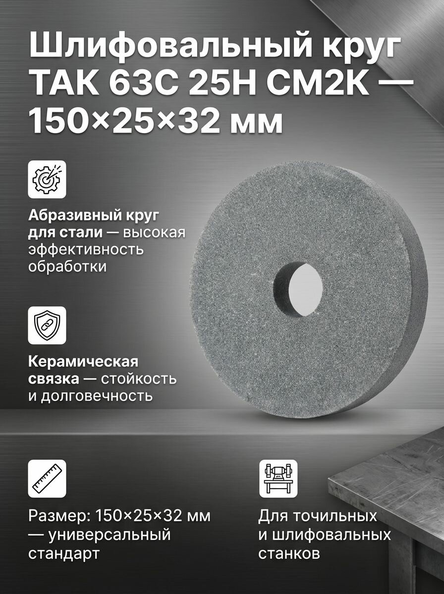 Шлифовальный круг ТАК 63С 25Н СМ2К 150х25х32 мм абразивный, керамическая связка, для стали и чугуна