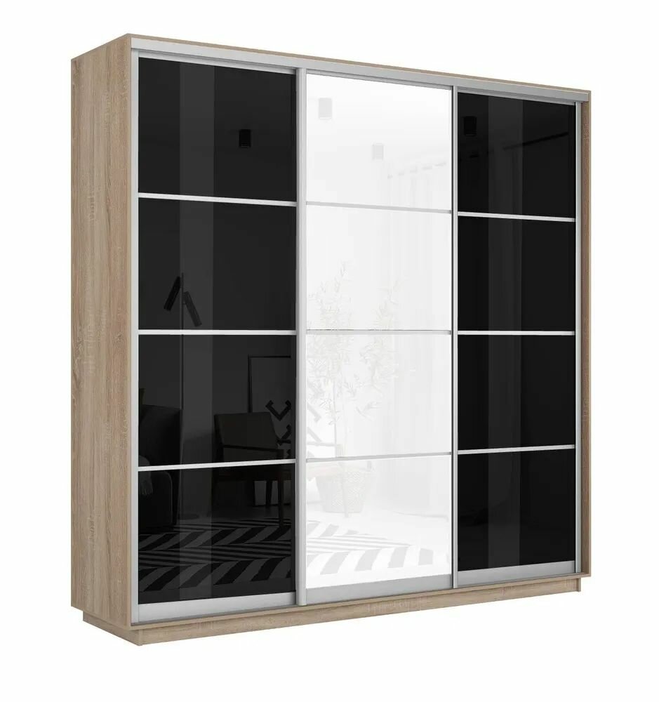 Шкаф-купе Флорида 3дв. (2 Стекла черн./Стекло белое) профиль серебро, 180х60х220 см. Сонома