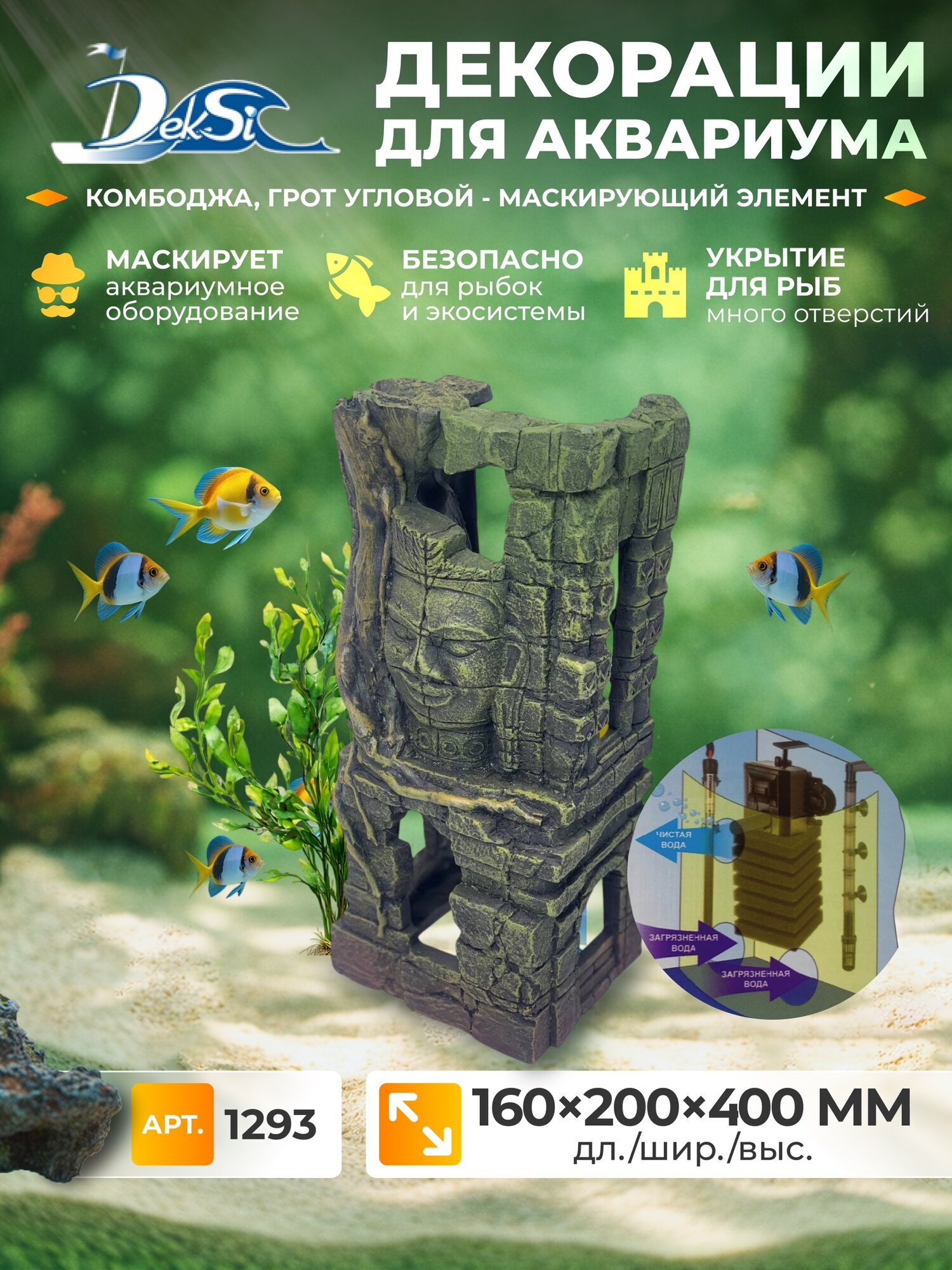 Декорация для аквариума замок Камбоджа, грот DEKSI 1293 маскирующий элемент для фильтра и обогревателя