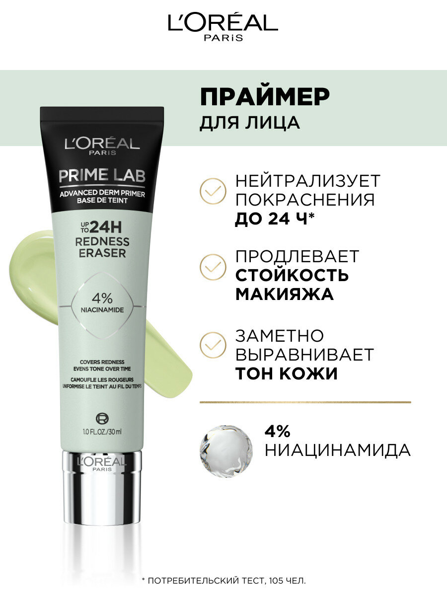 L'Oreal Paris Матирующий праймер для лица Prime Lab Redness Eraser, 30мл