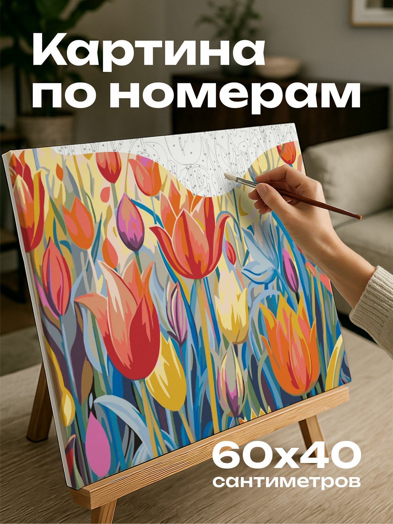 Картина по номерам 60x40 см, реактивный самолет-тюльпа, ясное голубое небо, аэродинамический дизайн, красные цвета