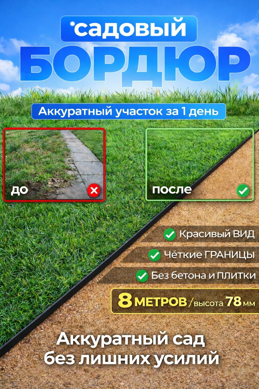 Бордюр садовый пластиковый для клумб ADVAPLAST, высота 78мм, черный, 8 м