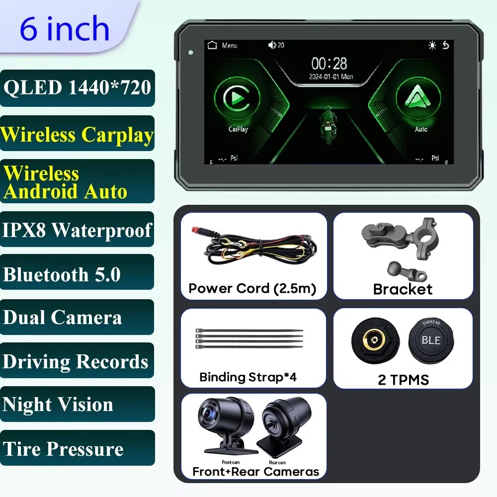 Carplay мотоцикл Android авто GPS навигация IPX8 водонепроницаемый для мото Screen-TPMS-DVR