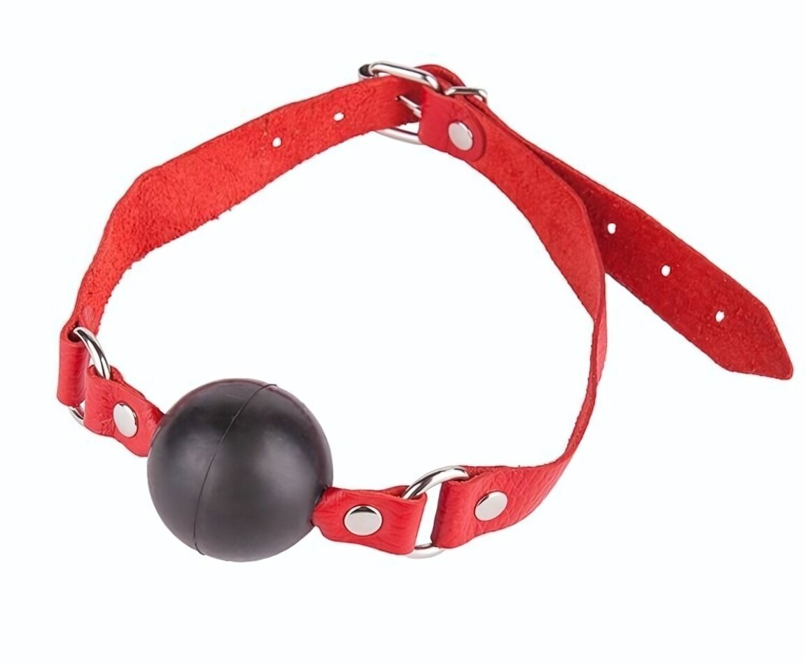 Чёрный кляп-шар с красным ремешком, натуральная кожа, диаметр 4 см