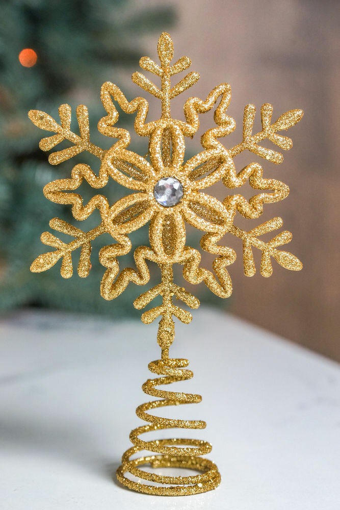 Ёлочная верхушка для маленькой ёлки искристая снежинка золотая, пластик, 13 см, Kurts Adler H9141-2